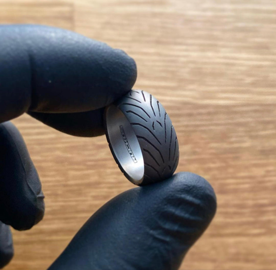 Unique handmade tire tread rings. Mens rings. Titanium rings – Racerings